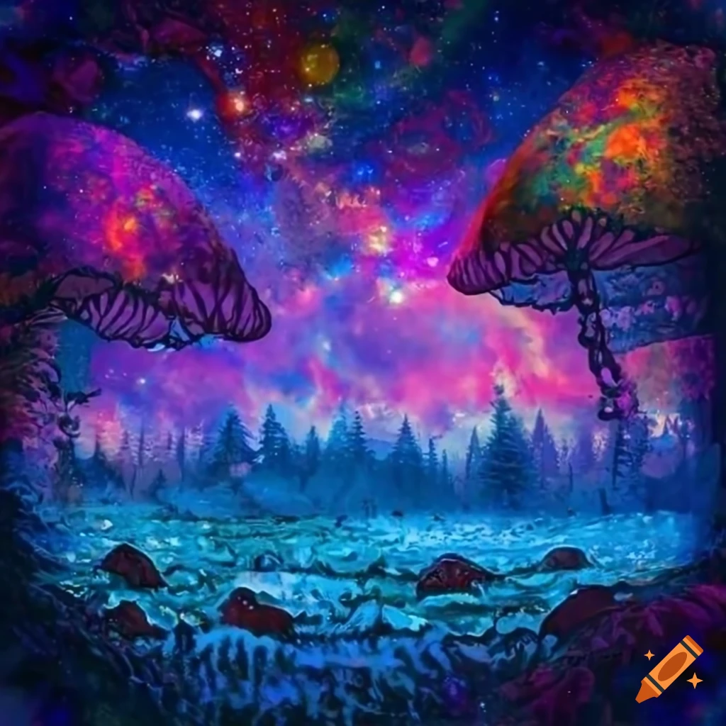 Psychedelic cosmic forest with winter landscape