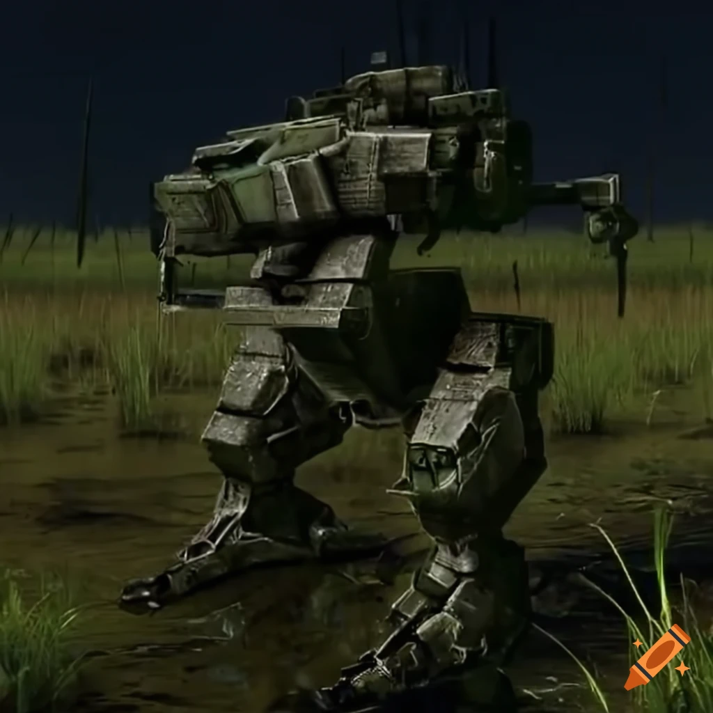 Image of a light Armored Mech in a swamp on Craiyon