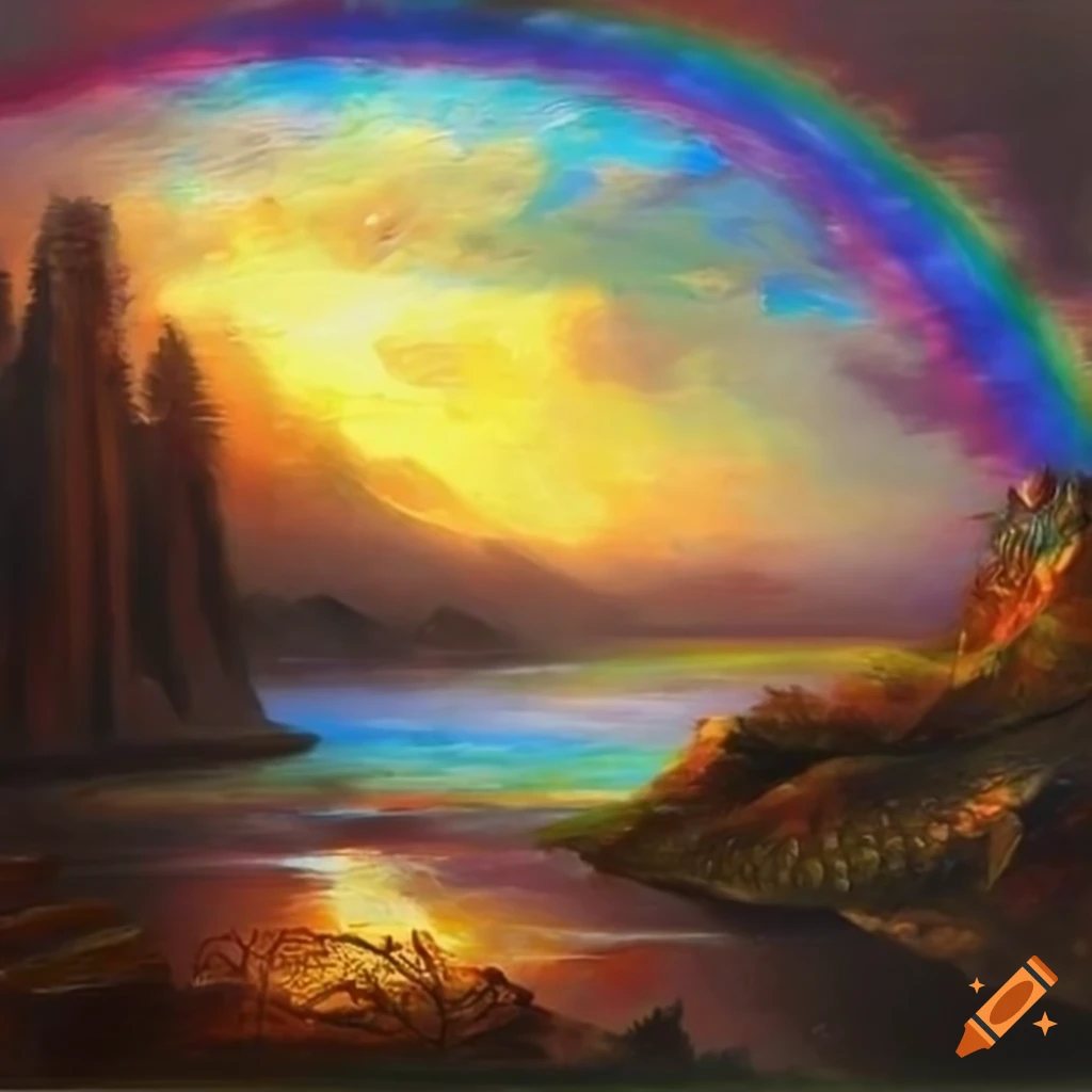 Colorful 1800s oil painting of a dragon and rainbow