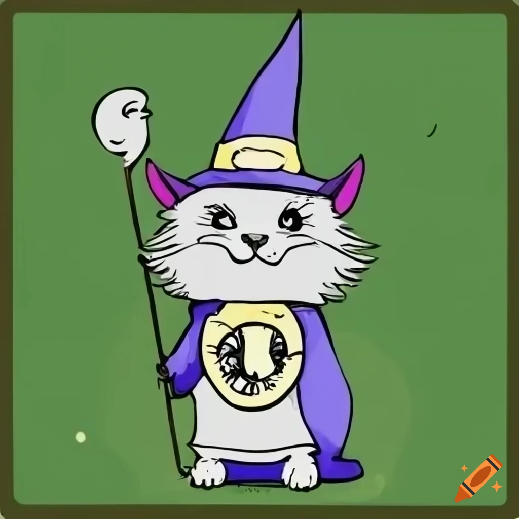 Cartoon kitten in wizard outfit casting spells in magical forest on Craiyon