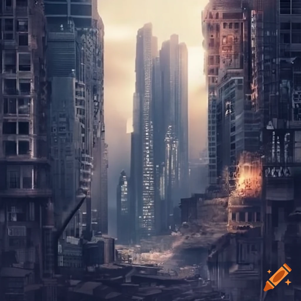 Dystopian cityscape with demolished skyscrapers on Craiyon
