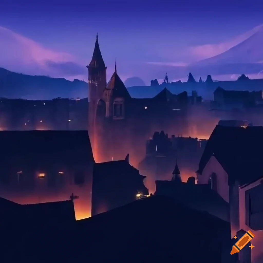 Night sky over a medieval city