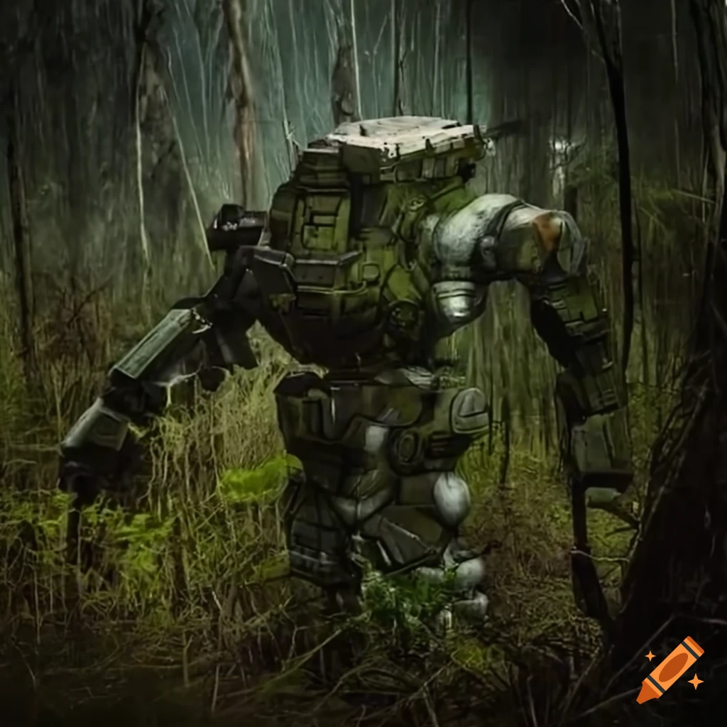 Camouflaged mech scanning swamp location at night on Craiyon