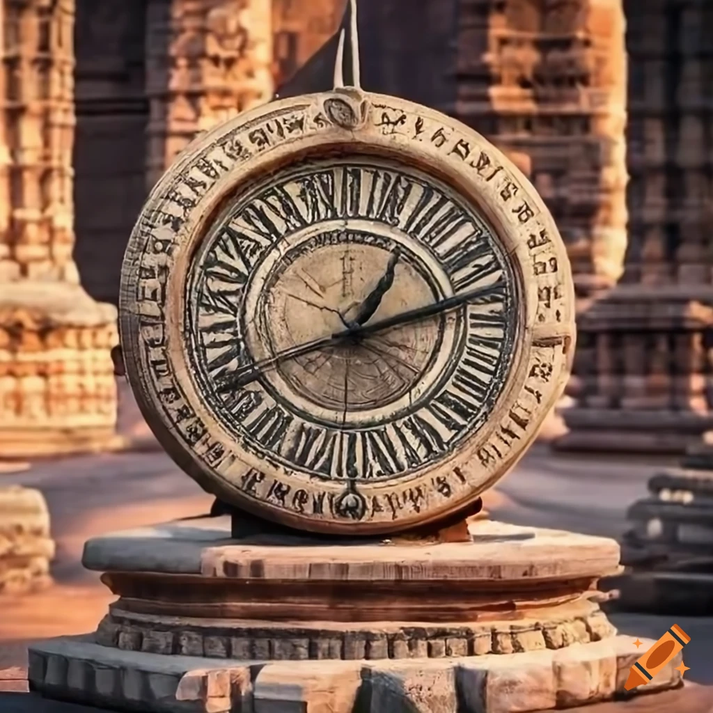 Ancient stone temple with sundial clock