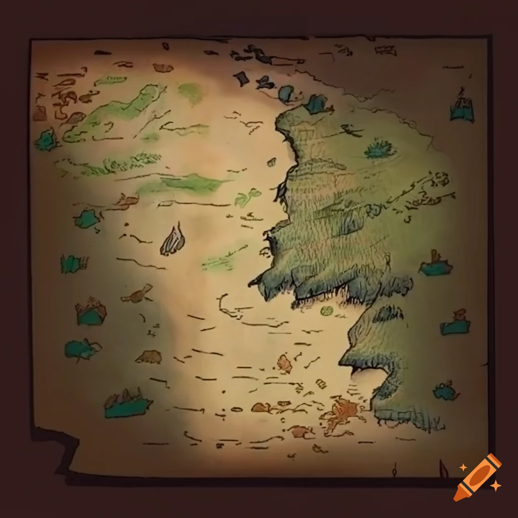 Artistic 2D map with a hooded figure and medieval town on Craiyon