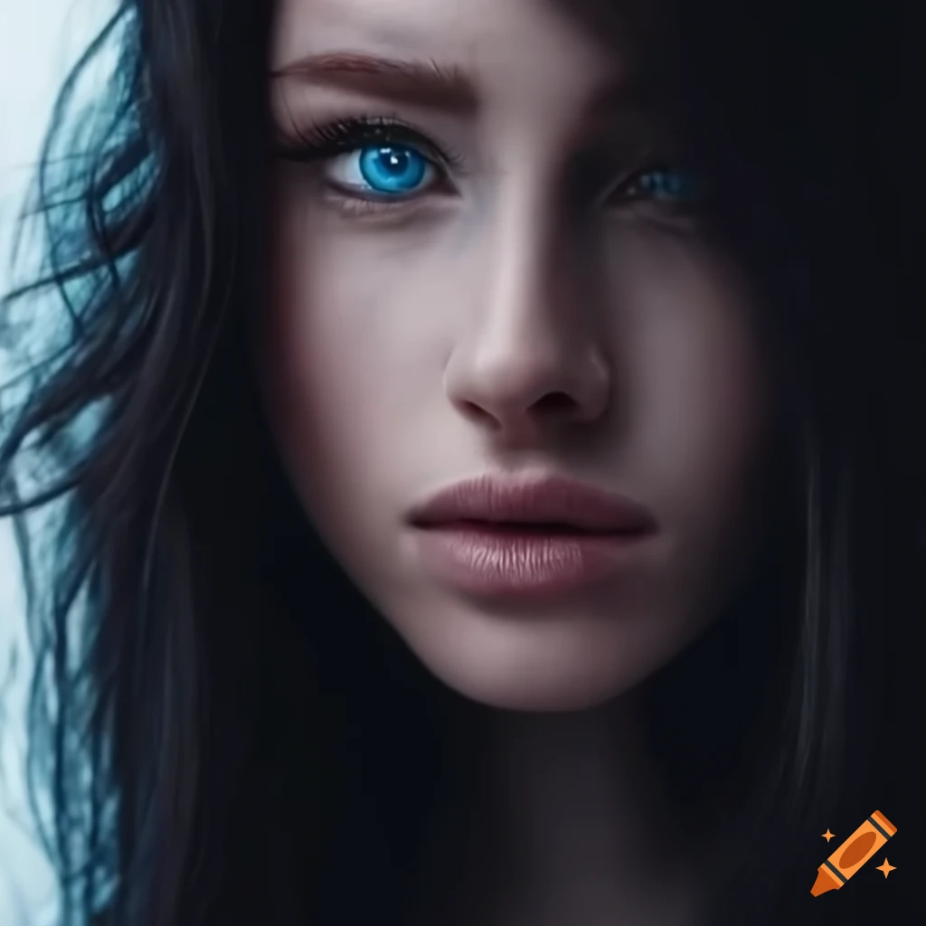 Portrait of a young woman with black hair in the arms of a tall man ...