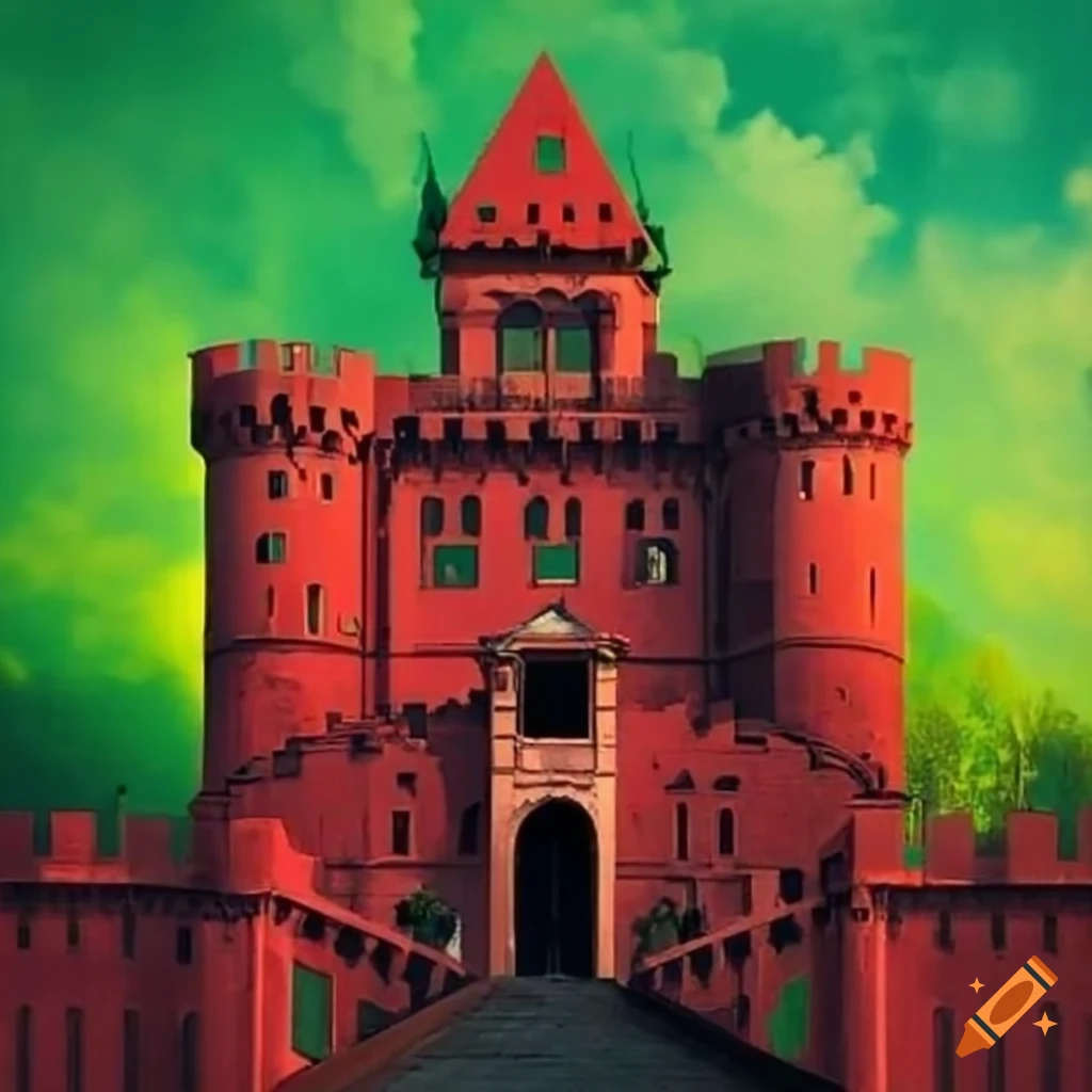 Image of a majestic red castle with a green door on Craiyon