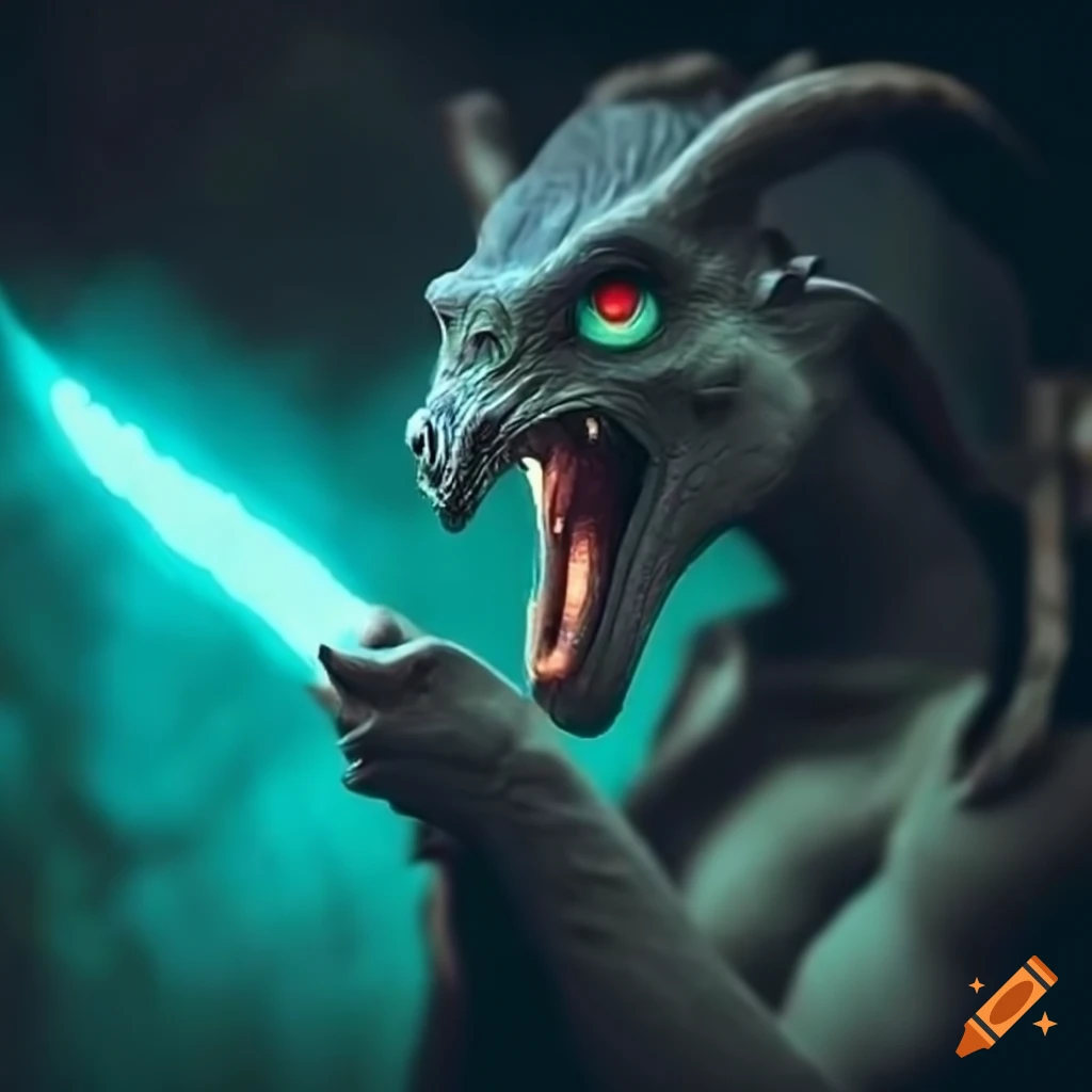 Detailed depiction of a Kobold warlock with glowing eyes on Craiyon