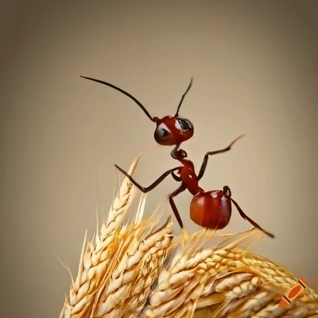 Macro photo of an ant carrying a grain of wheat on Craiyon