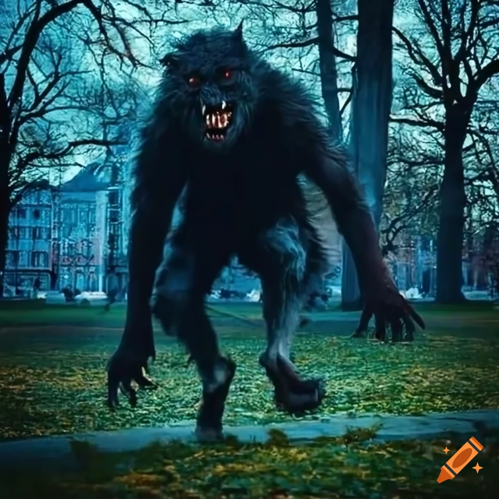 Werewolf stalking a man in a public park on Craiyon
