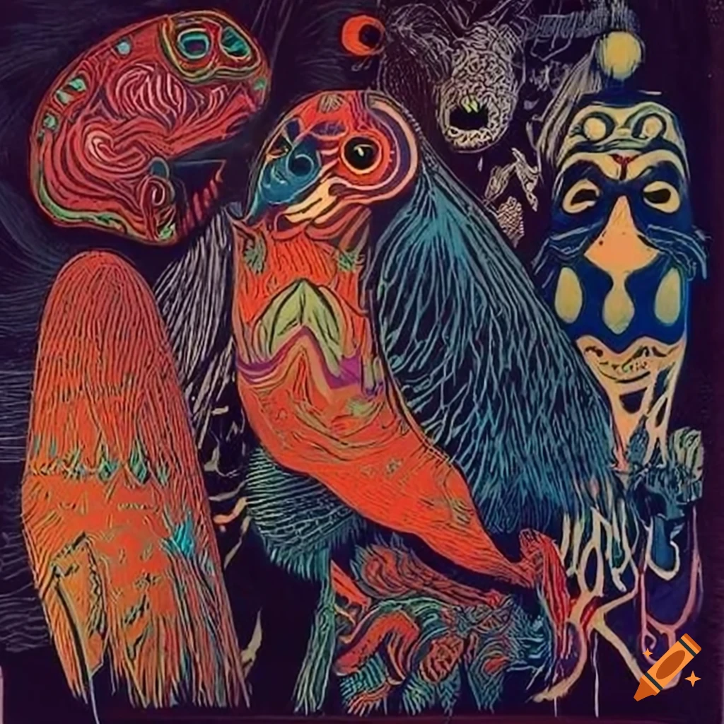 Color woodcut print with native motifs and designs on Craiyon