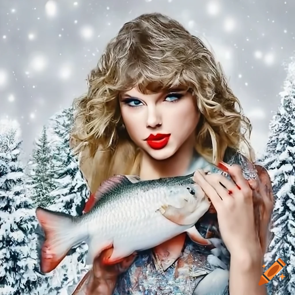 Taylor swift with a large fish in a snowy scene on Craiyon