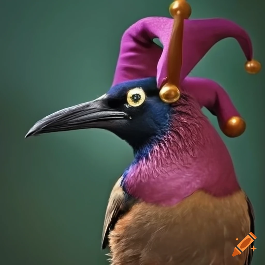 Grackle wearing a jester hat
