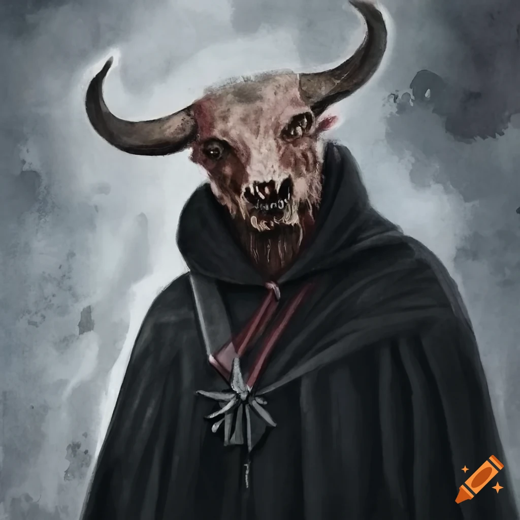 Watercolor painting of a dark and powerful minotaur wizard on Craiyon