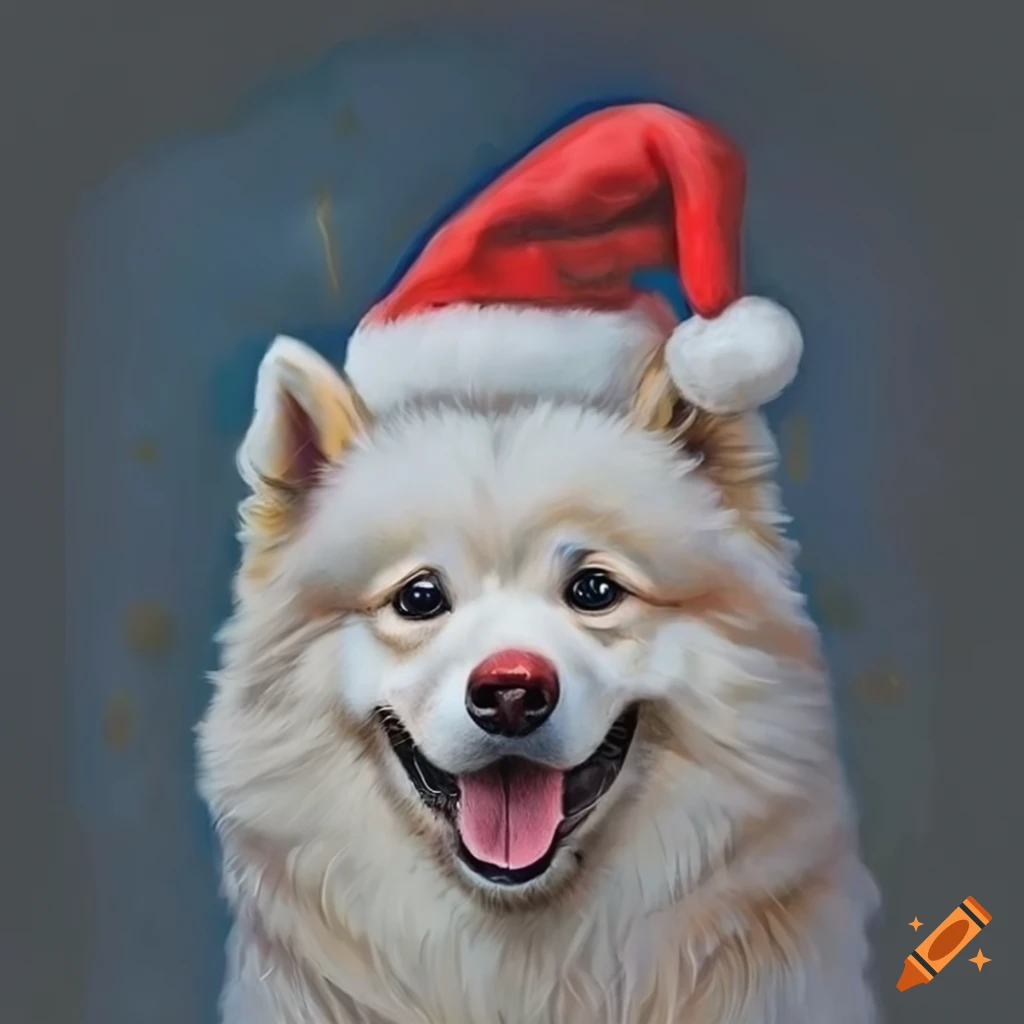 Sleeping samoyed dog in front of a christmas tree in anime style on Craiyon