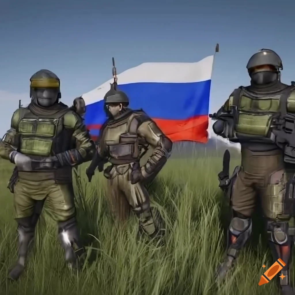 Russian sci-fi soldiers with flag and tank on grassland on Craiyon
