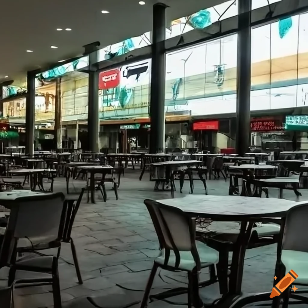 Pristine mall food court with tables and chairs on Craiyon