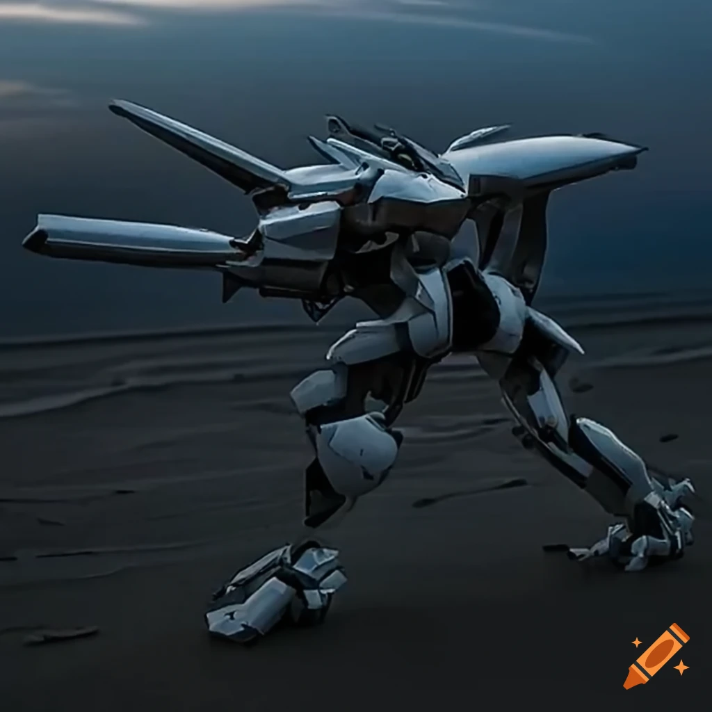 Grey mecha walking on the beach on Craiyon