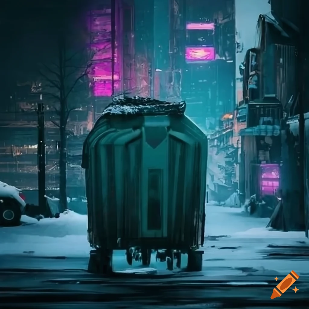 Cyberpunk winter cityscape with garbage trucks and bins
