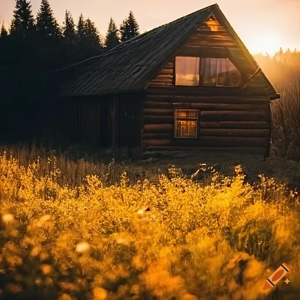 Sunset over a mountain with a cozy cabin