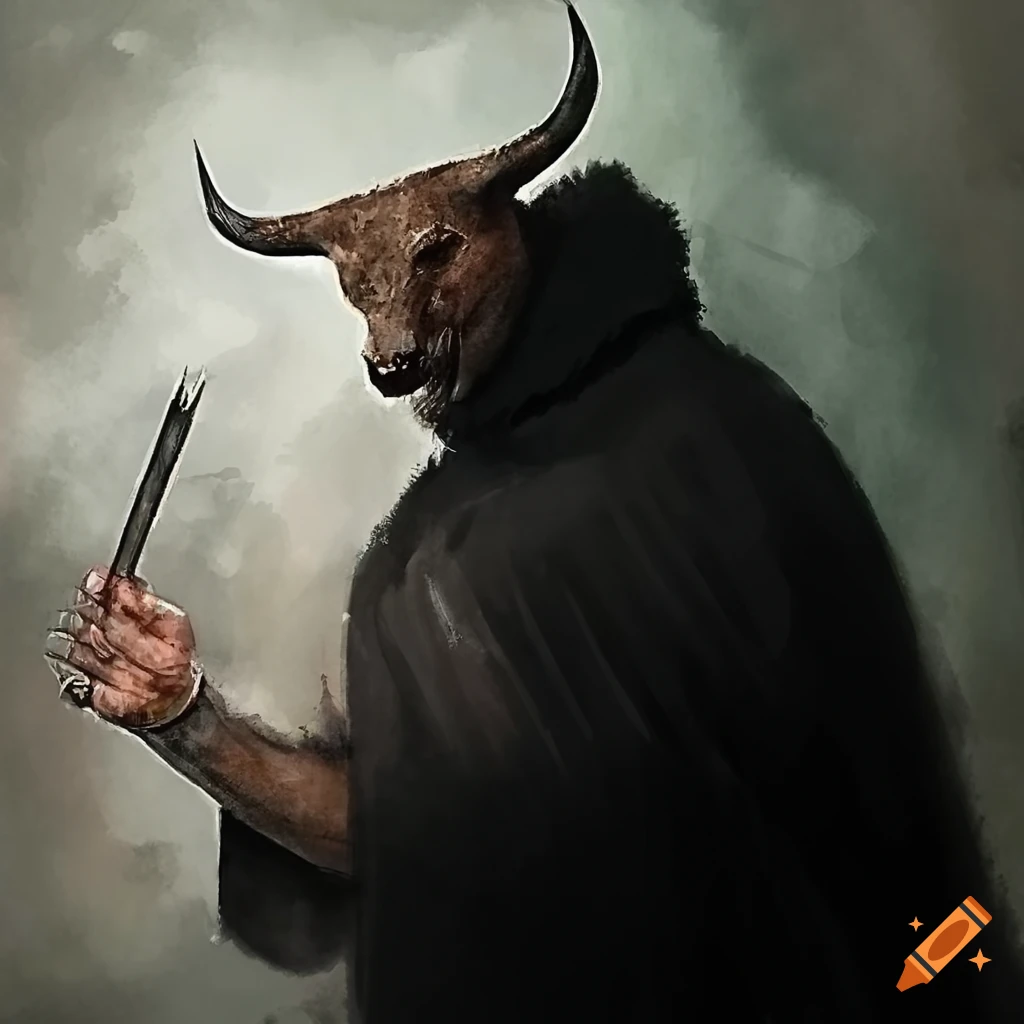 Watercolor painting of a dark and powerful minotaur wizard on Craiyon