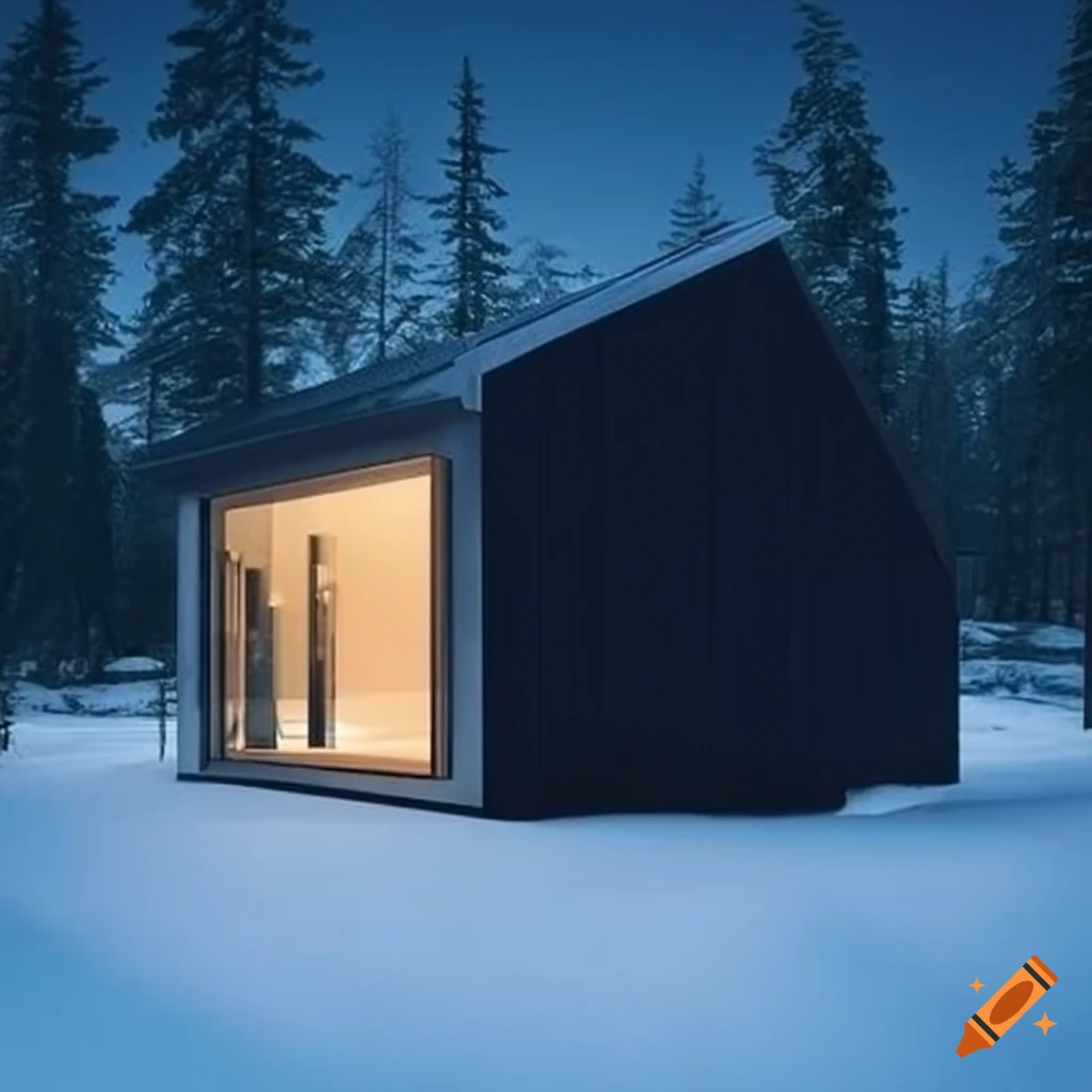 Nordic minimalist cabin with big glass windows surrounded by lush ...