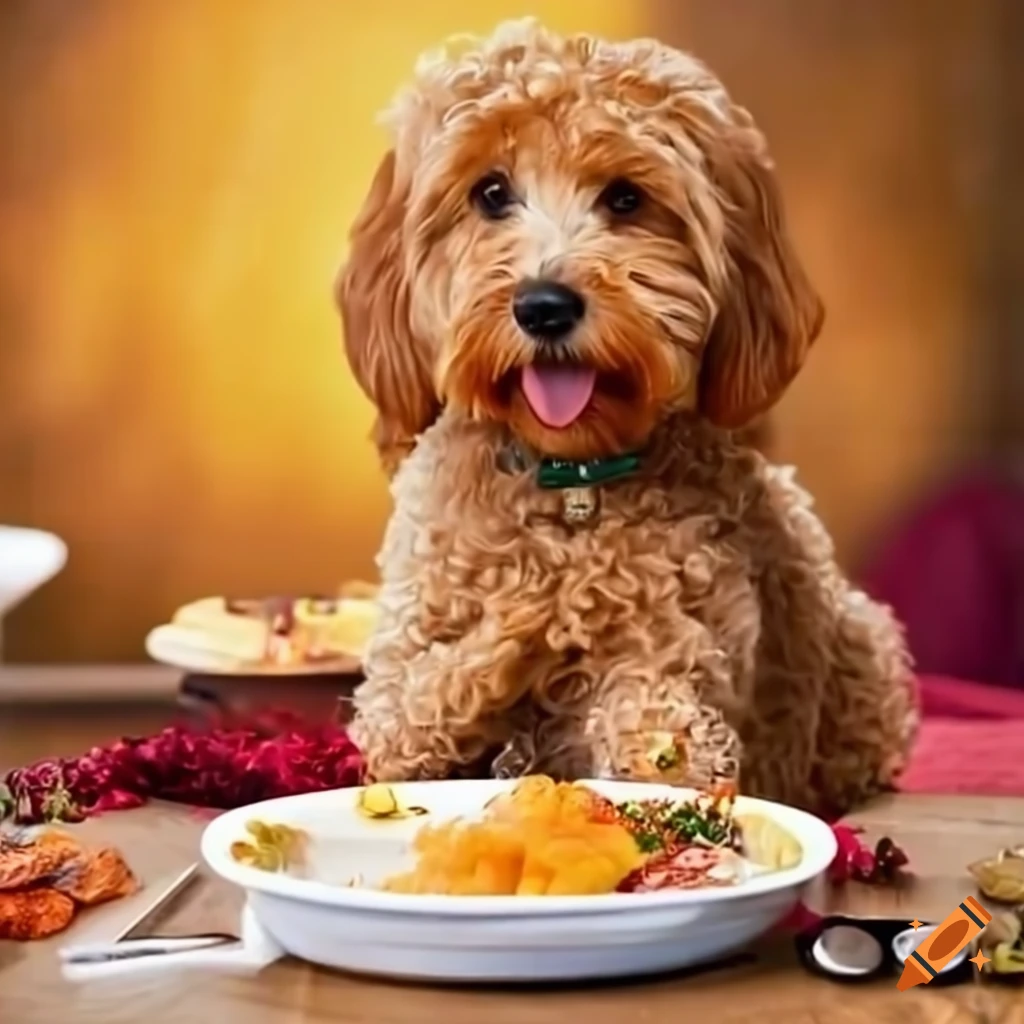 Cute goldendoodle at thanksgiving dinner on Craiyon