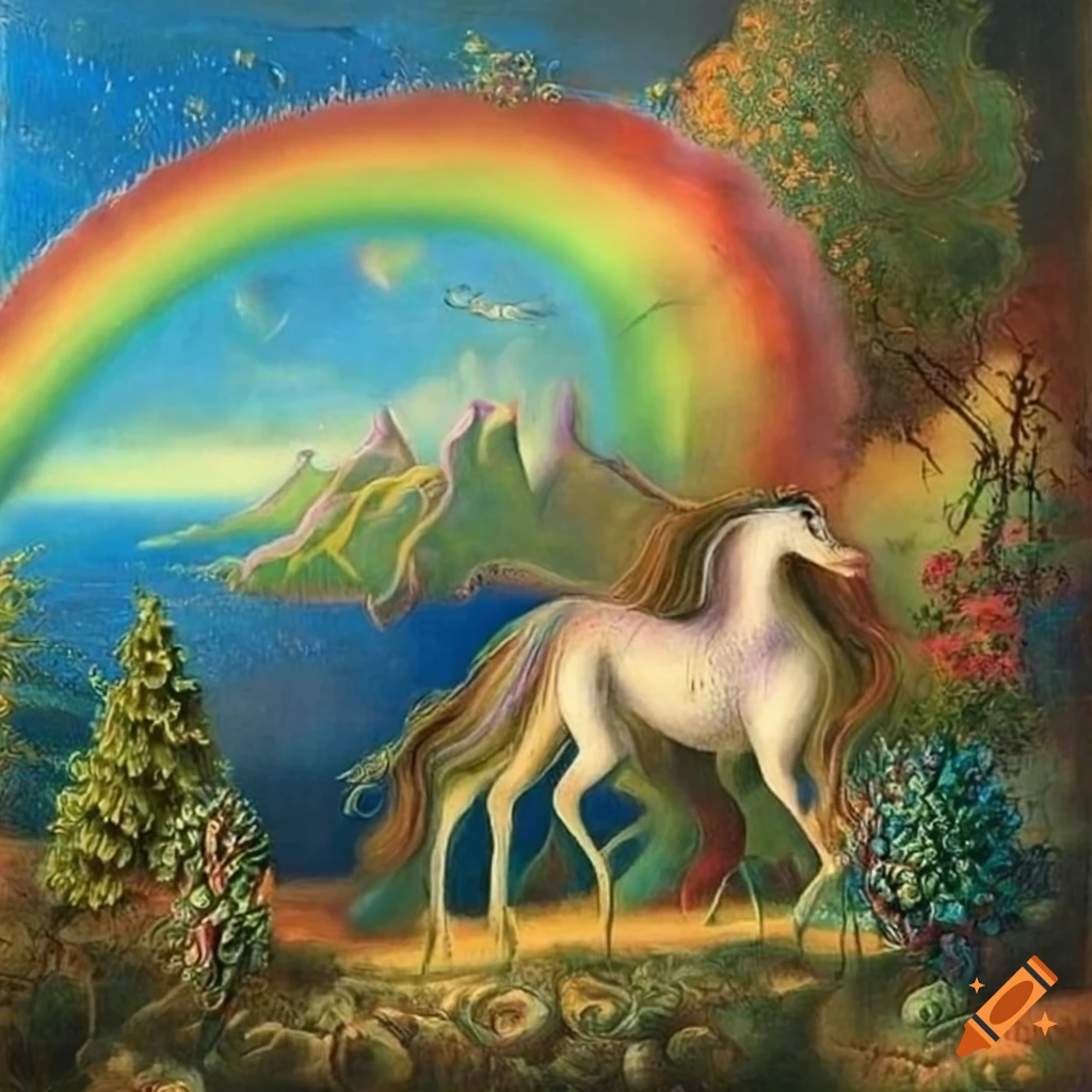 Colorful oil painting of a unicorn in a fantastic landscape on Craiyon