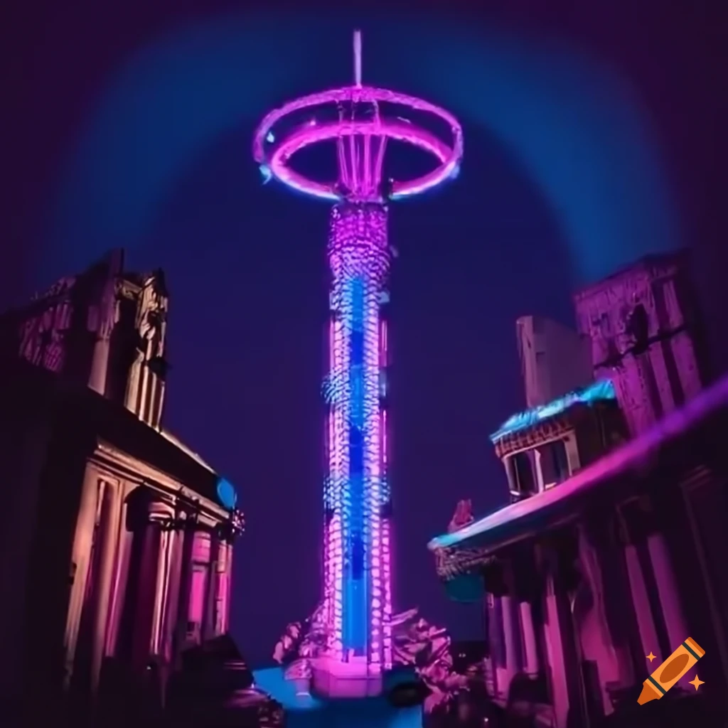 Thrilling drop tower ride with neon lights on Craiyon