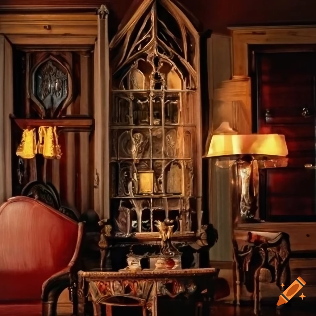Gothic style cabinets with wine glasses and crossbows on Craiyon