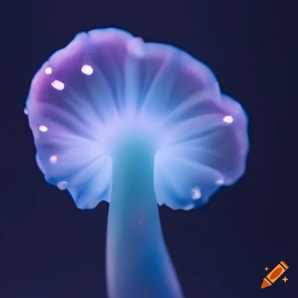 Translucent blue mushroom flower with a glowing appearance on Craiyon