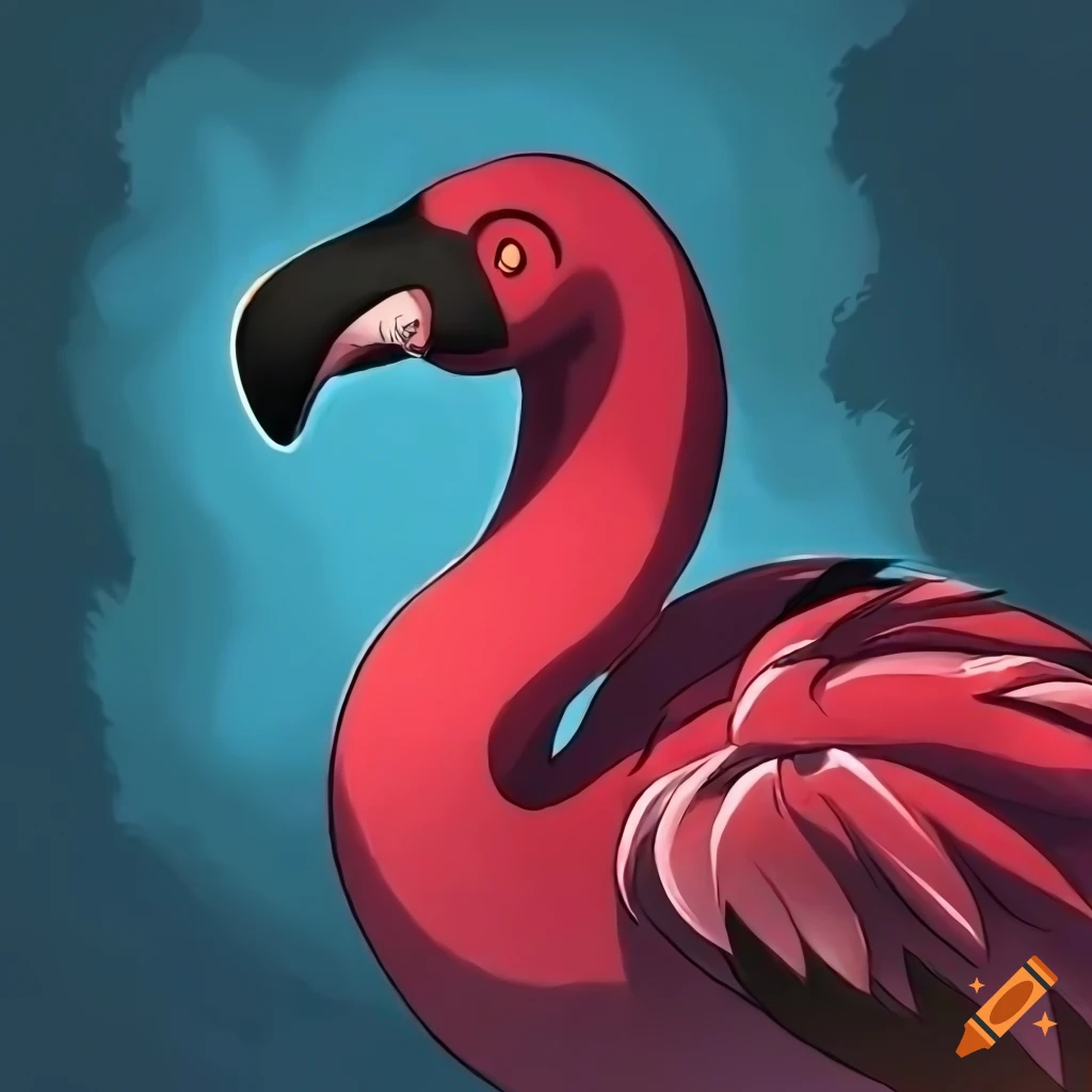 Illustration of a chibi black red flamingo in a countryside on Craiyon