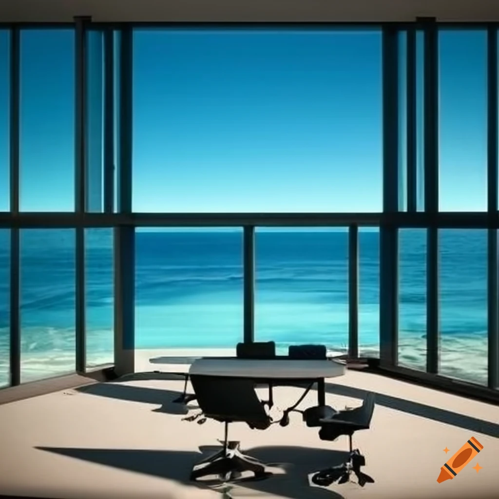 Modern office with floor-to-ceiling windows overlooking tropical ocean ...