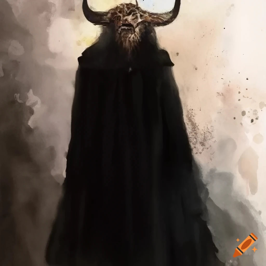 Aquarell painting of a horned minotaur warlock in a dungeon