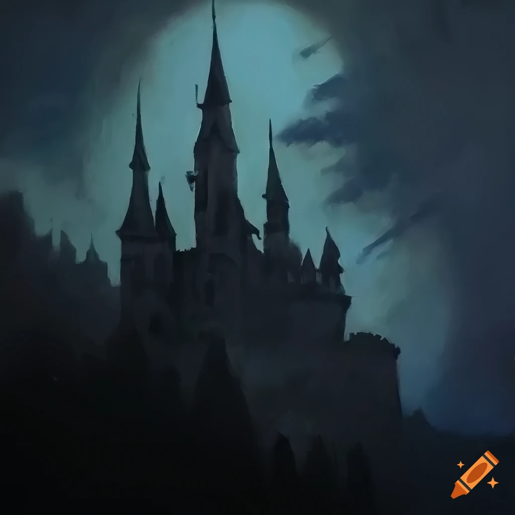 Dark and atmospheric painting of a baroque castle