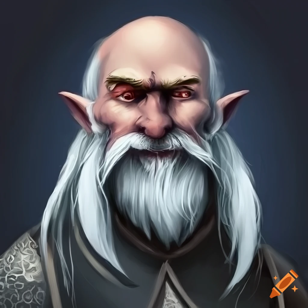 Dark, evil gnome wizard in robes with white hair on Craiyon