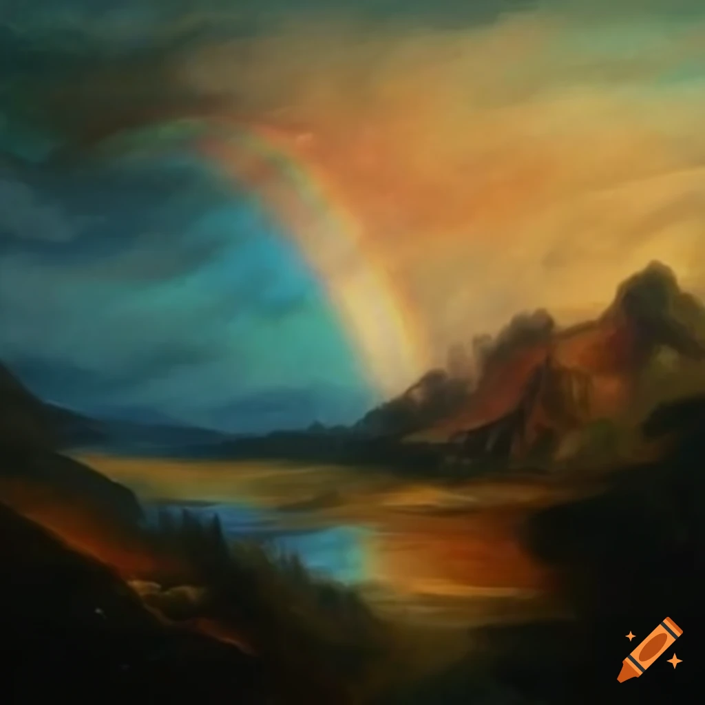 Painting of valhalla paradise with a blue sky and rainbow on Craiyon