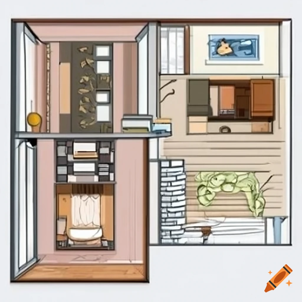 Floor plan for a bedroom, living room and library on Craiyon