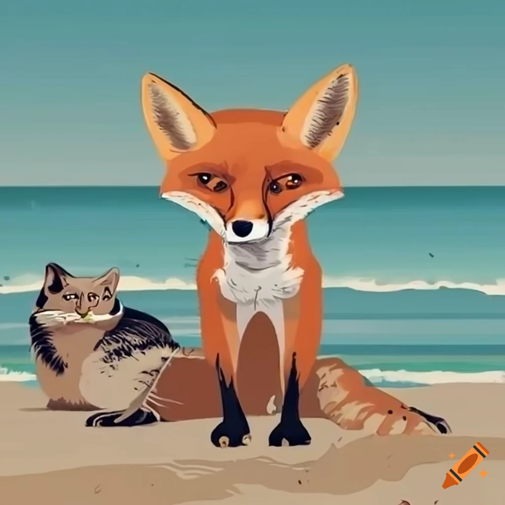 Fox and cat at the beach