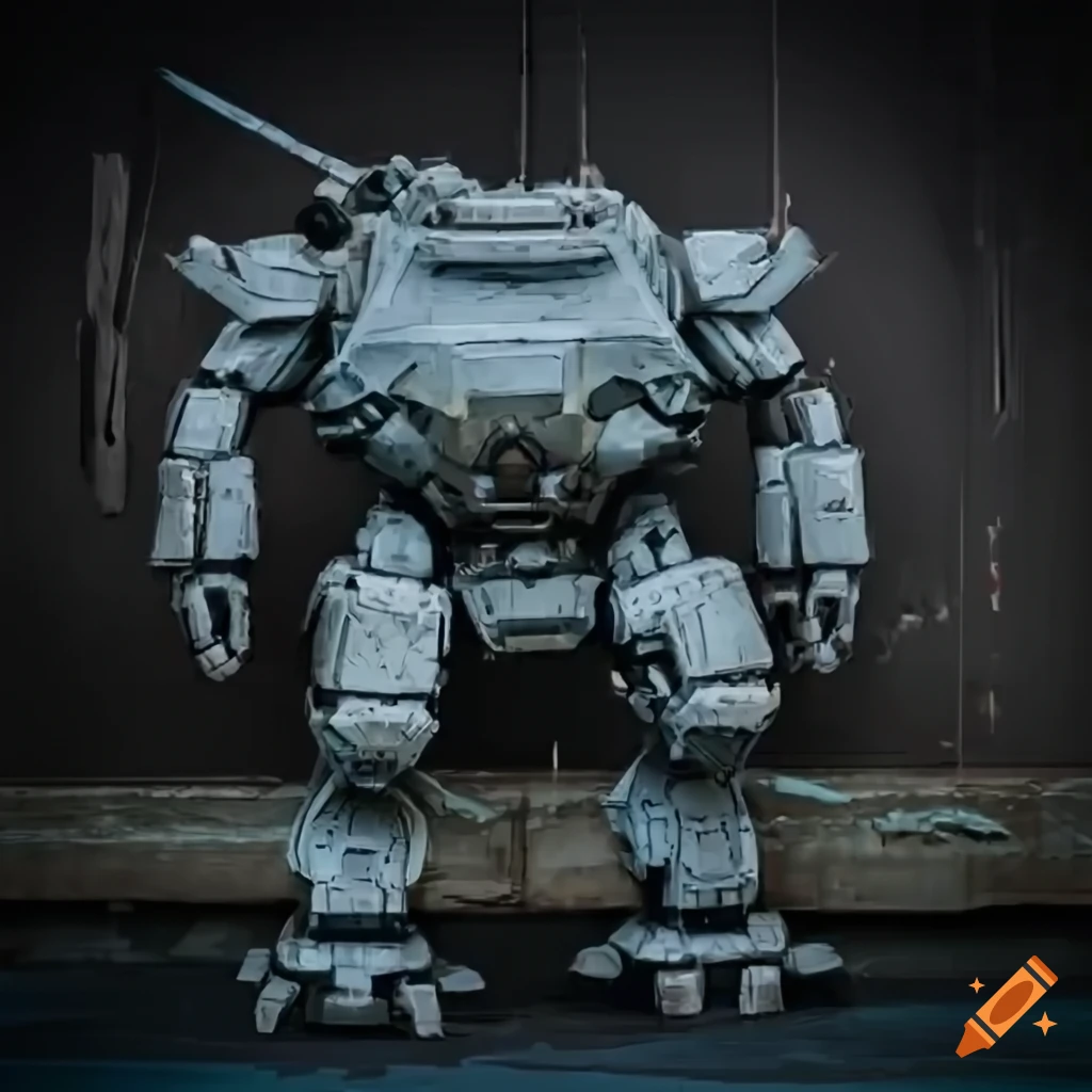 Grey and blue Armoured Mech on the beach on Craiyon