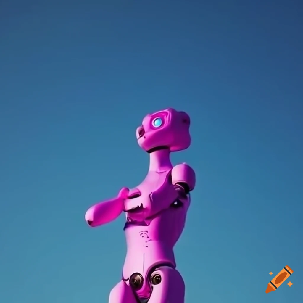 Magenta robot in a blue sky with clouds