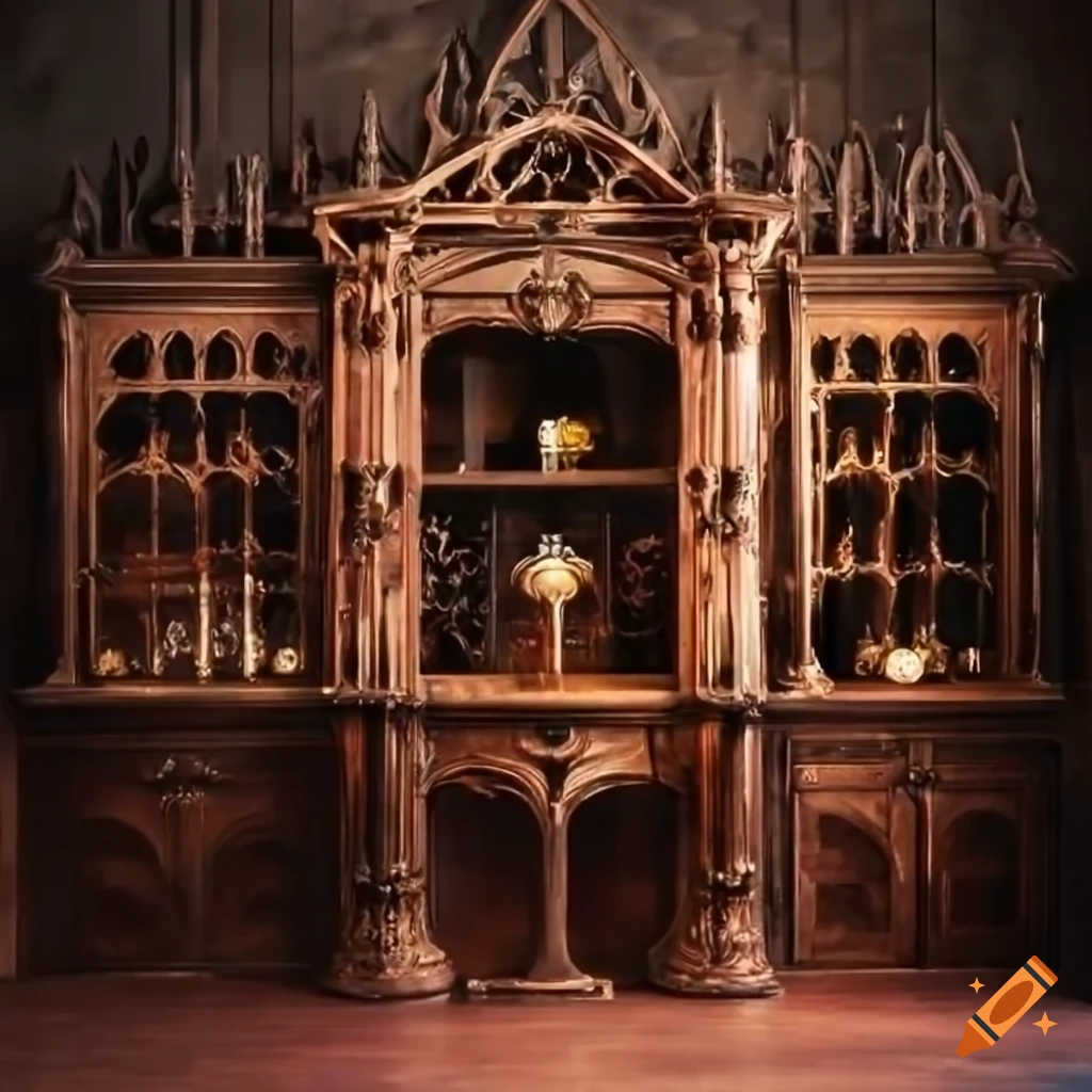 Gothic style cabinets with wine glasses and crossbows