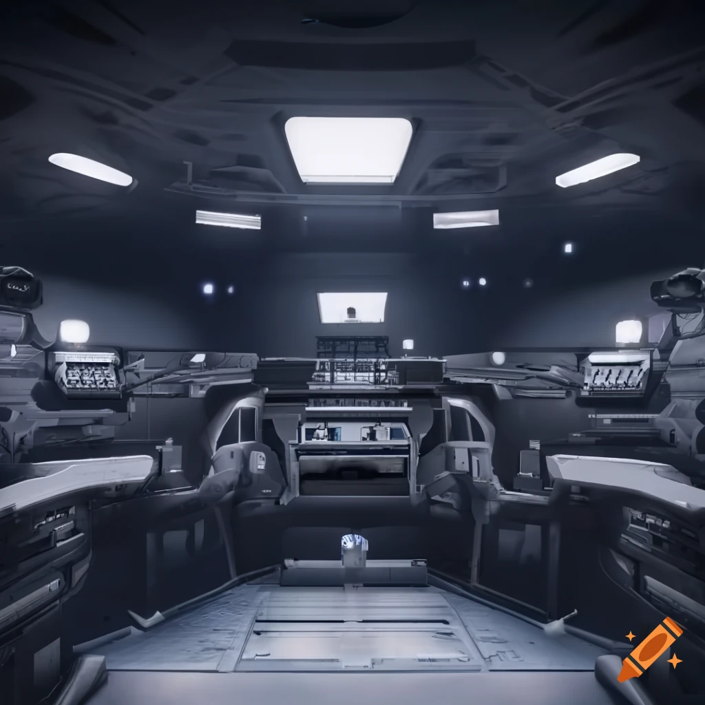 Cinematic view of a dark control room in a snowy open space