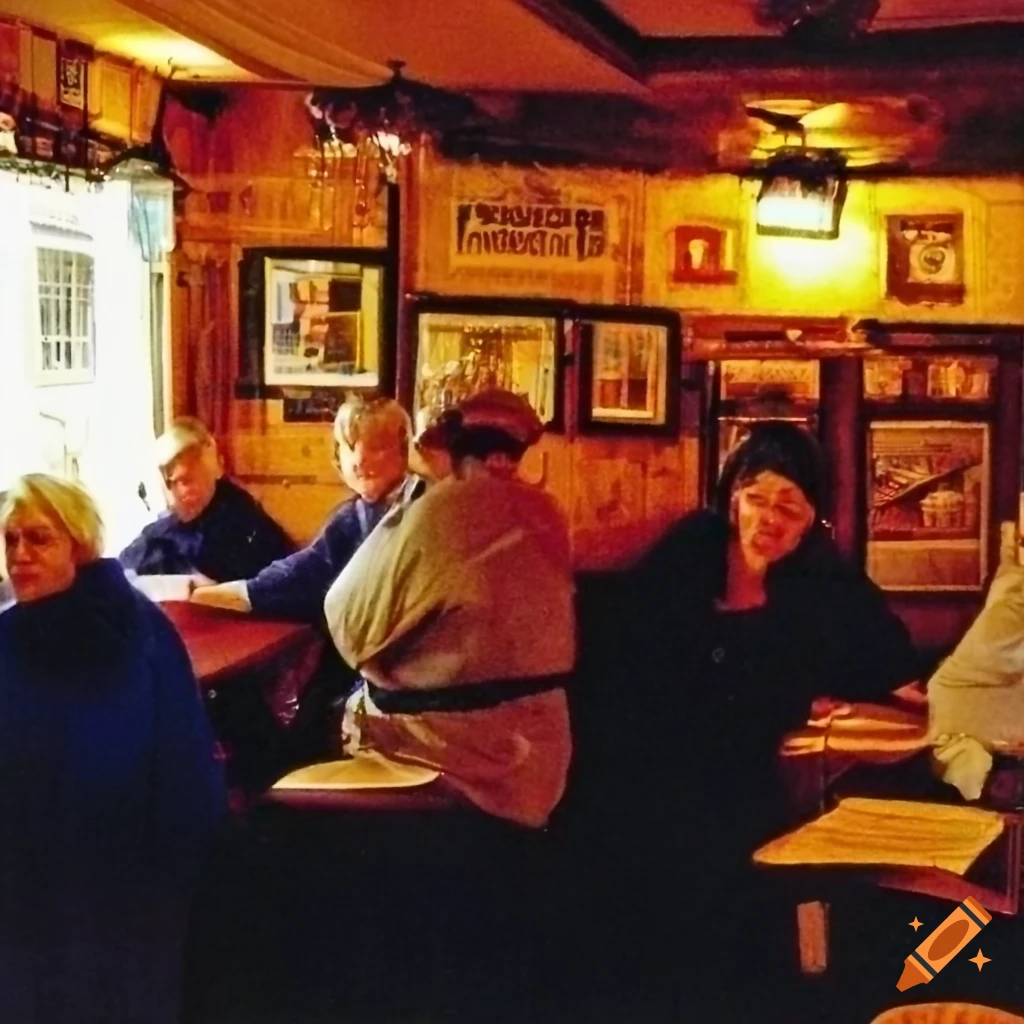 Nostalgic snapshot of people inside a pub on Craiyon