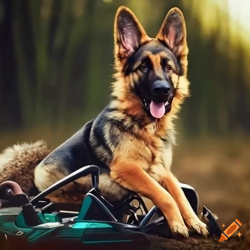 Excited German Shepherd dog driving a go-kart on Craiyon