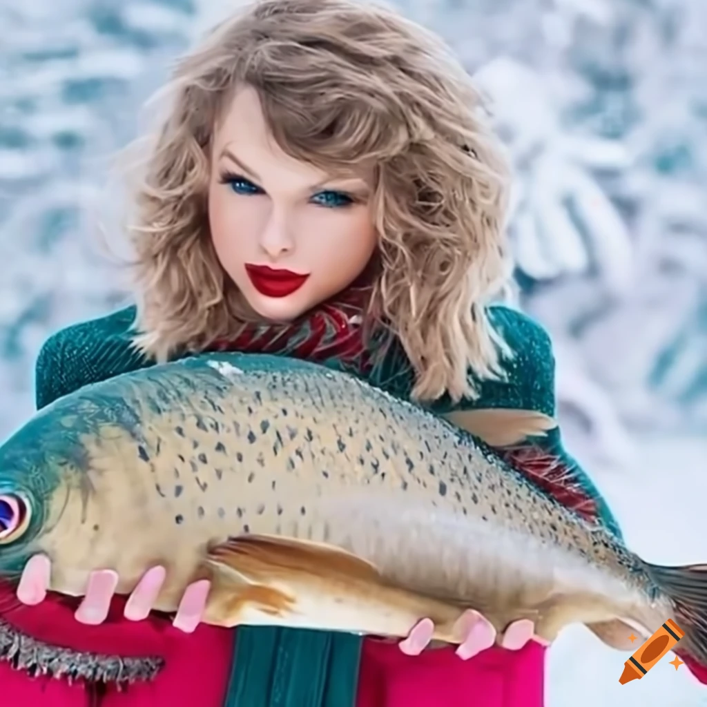 Taylor swift with a large fish in a snowy scene