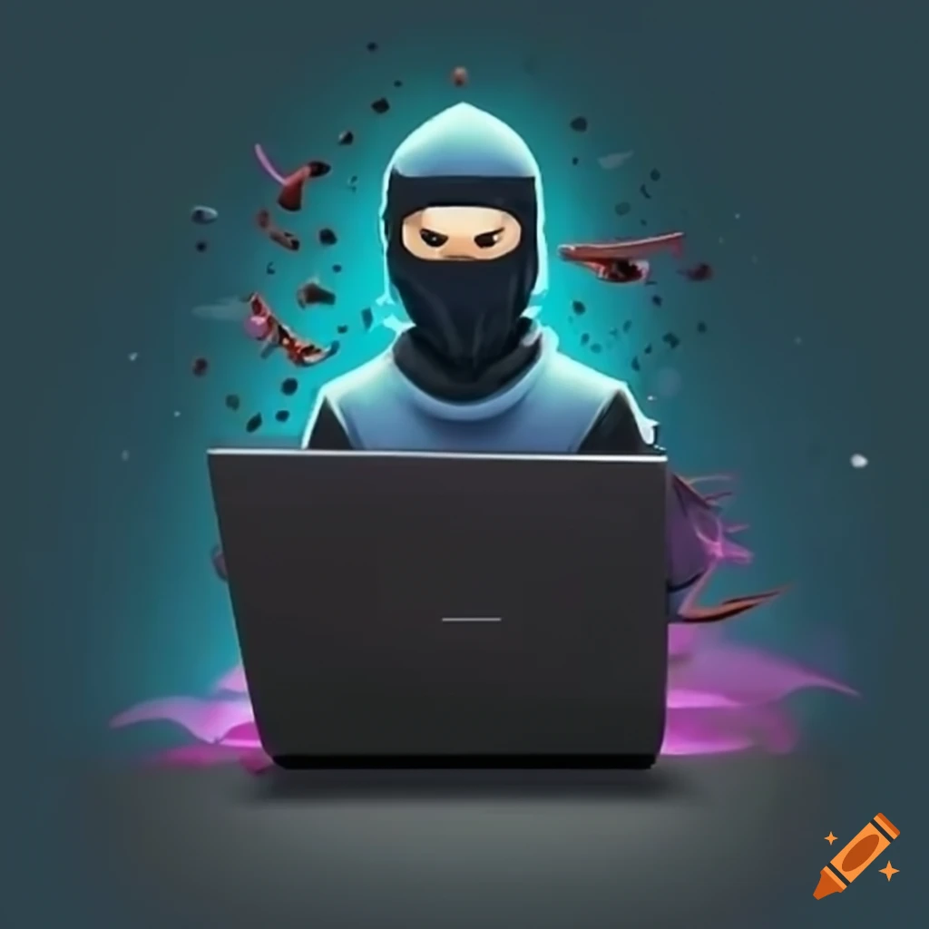 Humorous illustration of a ninja using a laptop
