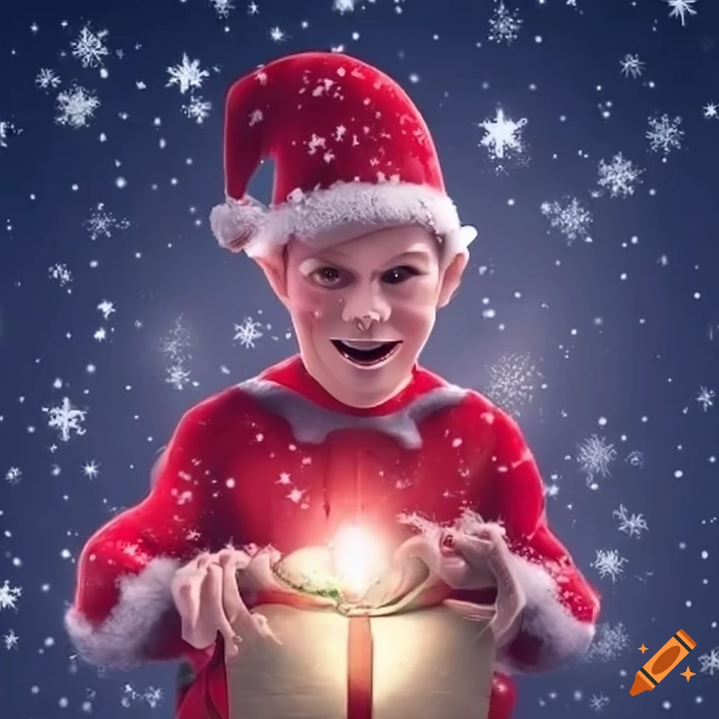 Magical scene of an elf crafting a christmas present on Craiyon