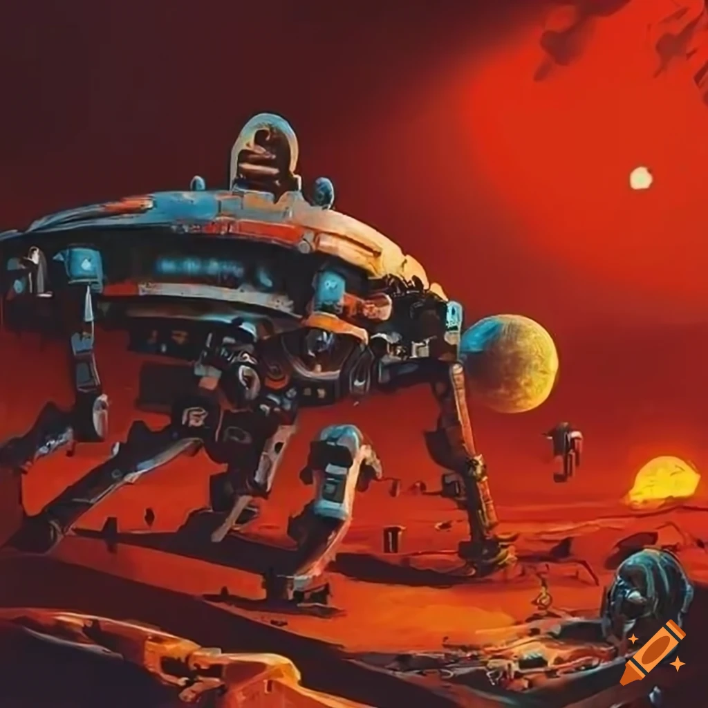 70s sci-fi artwork of a red wrecking machine on Craiyon