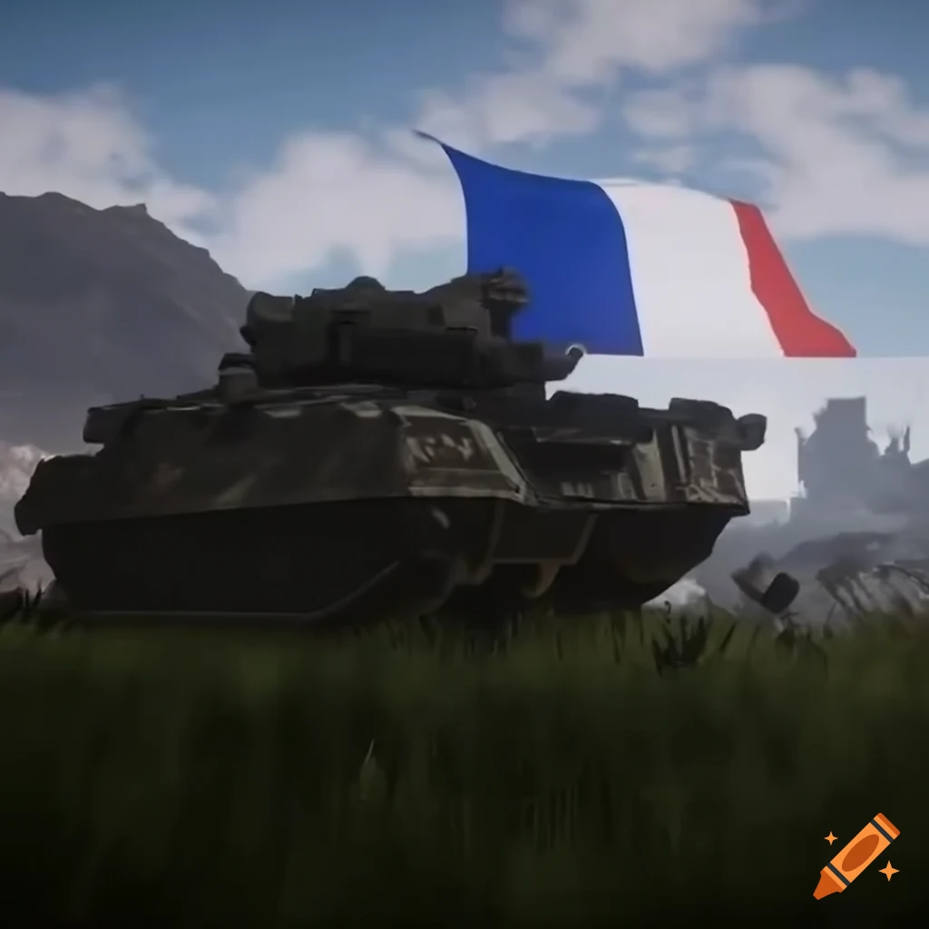 French sci-fi soldiers and tank on grassland